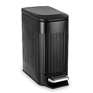 TrashAid Small Black Bathroom Trash Can with Lid Soft Close, 6 Liter / 1.6 Gallon, Stainless Steel Garbage Can with Removable Inner Bucket, Step Pedal, Slim Wastebasket for Toilet, Office, Bedroom