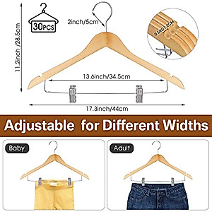 30 Pack Wooden Skirt Hangers Suit Hangers with Clips Smooth Wooden Hangers Solid Wood Pant Hangers with Clips Coat Hanger with Durable Adjustable Metal Clips, 360 Degree Swivel Hooks for Clothes Dress