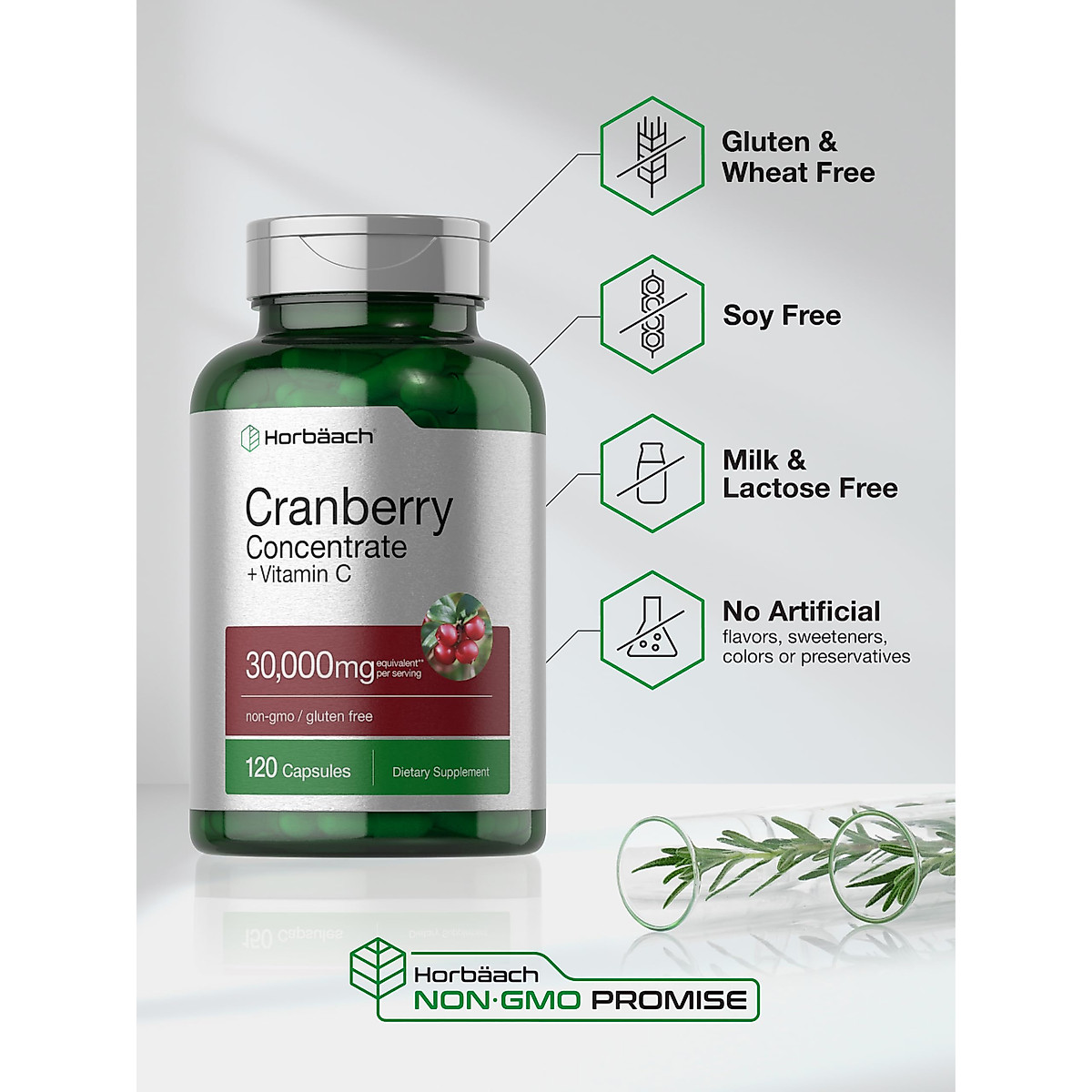 Horbäach Cranberry Concentrate Extract Pills + Vitamin C | 30,000mg | 120 Capsules | Triple Strength Ultimate Potency Formula | Non-GMO and Gluten Free Supplement