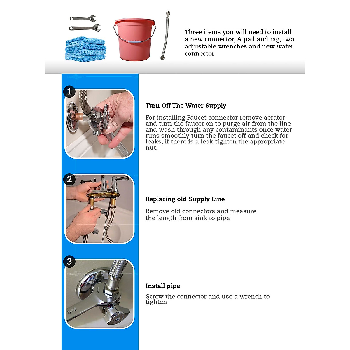 Highcraft CNCT27124-OM-2 Faucet Supply Line Connects Kitchen Sink To Water Supply, Braided Faucet Connector With 1/2 In x 3/8 In Brass Nut, Stainless Steel 24 In (Pack Of 2)