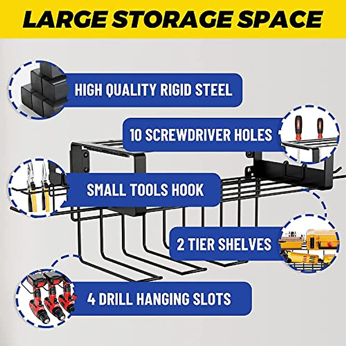 Garage Power Tool Storage Rack, Heavy Duty Detachable Design, Tool Storage Rack Wall Mount, Compact Three Tier Design for Garage Utility Room Repair Shop Carpenter Workshop, Power Tool Organizer