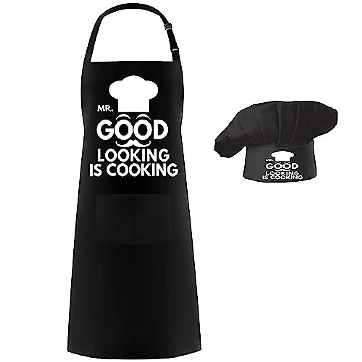 Hyzrz Chef Apron Hat Set,Mr. Good Looking is Cooking,Chef Hat and Apron Adjustable Baker Costume with Pocket Dad Apron for Kitchen Grill BBQ Men and Women Father's Gift (Black)