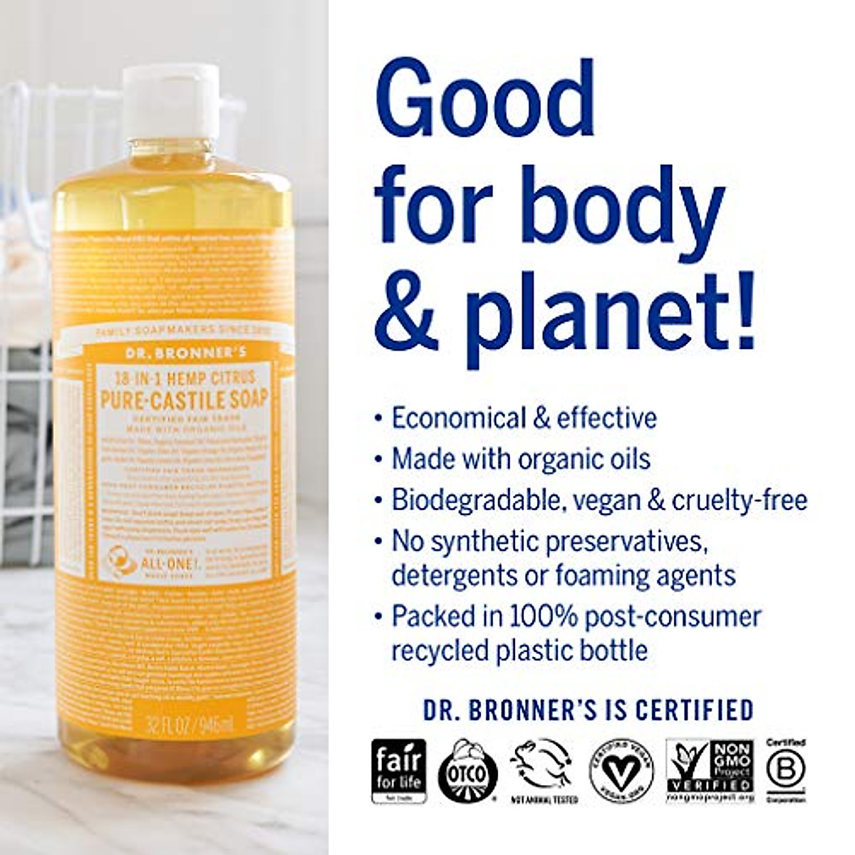 Dr. Bronner’s - Pure-Castile Liquid Soap (Citrus, 32 ounce, 2-Pack) - Made with Organic Oils, 18-in-1 Uses: Face, Body, Hair, Laundry, Pets and Dishes, Concentrated, Vegan, Non-GMO