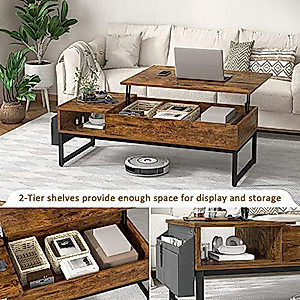Aheaplus Lift Top Coffee Table with Storage, Wood Lifting Top Central Table Metal Frame, 43.3" Lift Tea Table with Side Pouch, Cocktail Table Modern Pop up Adjustable Table for Living Room