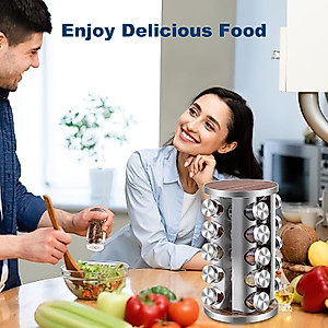 Rotating Spice Rack Organizer for Cabinet, 20 Jars Revolving Seasoning Organizer for Kitchen, Stainless Steel Spice Tower for Countertop with Reuseable Labels and Funnel