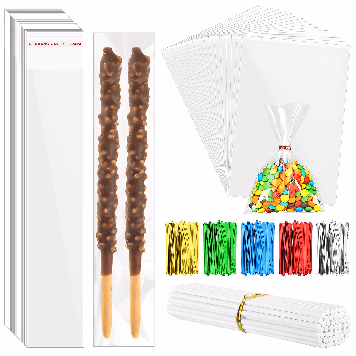 400 Pcs Cellophane Treat Bags with Ties 4"x6" and Pretzel Rod Bags 2"x10" with 50ct 6-inch Paper Lollipop Sticks,200ct Twist Ties for Treat Pretzel Candy Cookie Lollipop Party Christmas,Halloween