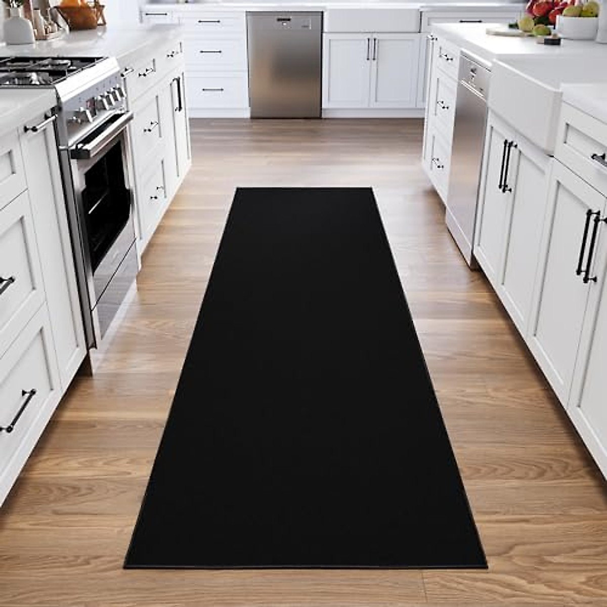 Machine Washable Modern Solid Design Non-Slip Rubberback 2x12 Traditional Runner Rug for Hallway, Kitchen, Bedroom, Living Room, 1'10" x 12', Black