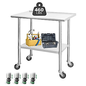 YBLFDY 24x30 Stainless Steel Table with Wheels and Adjustable Feet for Home Kitchen NSF Stainless Steel Prep Table,Metal Table with Undershelf for Garden