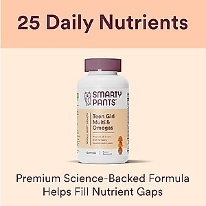 SmartyPants Teen Girl Multivitamin Gummies: Omega 3 Fish Oil (EPA/DHA), Vitamin C, D3, B12, Vitamin A, K & Zinc, Gluten Free, Includes Biotin to Support Hair, Skin & Nails, 120 Count (30 Day Supply)