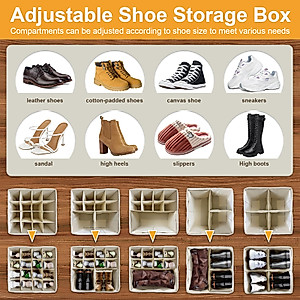 2 Pack Large Shoe Organizer for Closet, Adjustable Dividers Shoe Storage Bins Boxes, Foldable Shoe Holder Cube Containers with Clear Cover for Men’s shoes, High heel,Sneaker,Slippers,Boots(Beige).