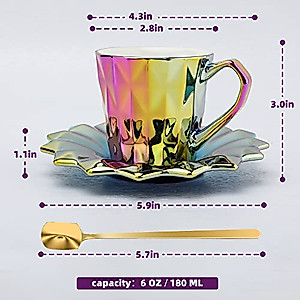 VCXOX Ceramic Coffee Mug, Creative French style Cup with Electroplated Geometry Saucer & Spoon Sets, Novelty Coffee Cup,6 oz/180 ml for Tea Latte Milk (purple)
