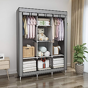 UDEAR Portable Wardrobe Closet Clothes Organizer No-Woven Fabric Cover with 6 Storage Shelves, 2 Hanging Sections and 4 Side Pockets，Grey