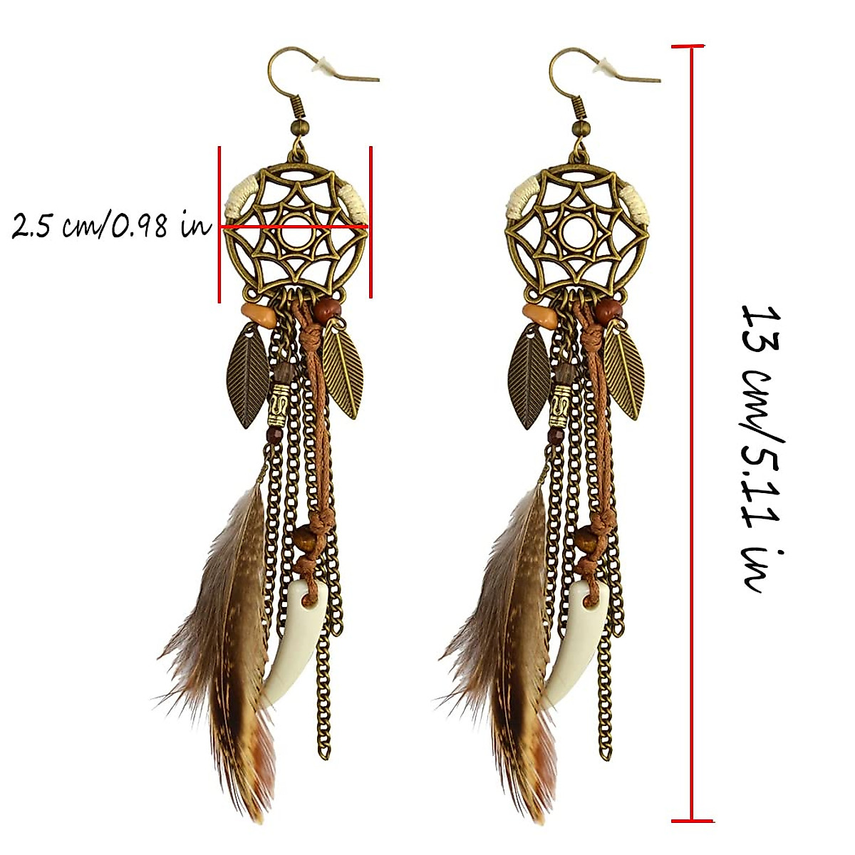Punk Vintage Long Tassel Feather Beads Drop Wolf Tooth Pendant Earring Fish Hook Earrings (Brown A)