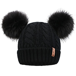 Arctic Paw Pom Pom Beanie Cable Knit Fleece Lined Winter Beanie Women Hat Black Beanie Women