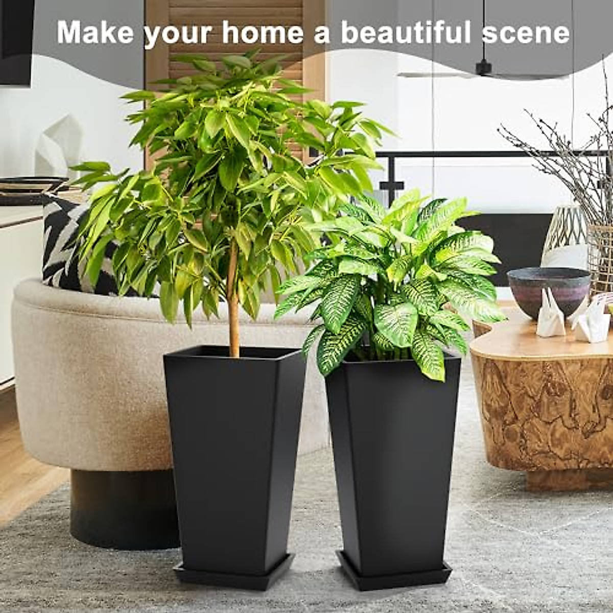 Elevens Tall Planters 20 Inch Tapered Square Planters Garden Flower Pots,Indoor/Outdoor Planter with Tray, Large Planter for Patio Black-2 Pack