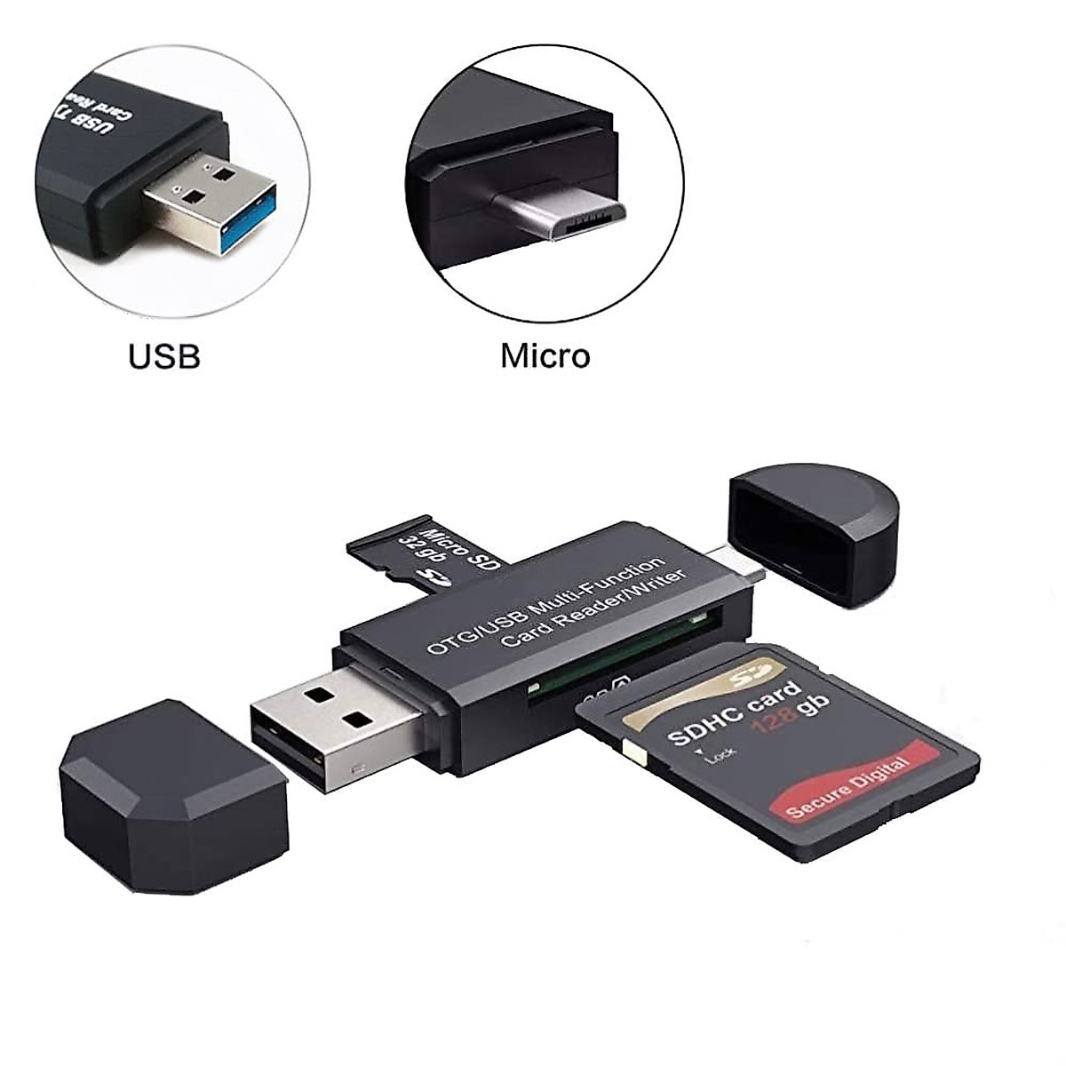 Micro USB OTG/USB 2.0 Card Reader Adapter, SD/Micro SD Memory Card Reader with Standard USB Male & Micro USB Male Connector for Smartphones/Tablets with OTG Functio for SDXC, SDHC, SD, MMC, RS-MMC