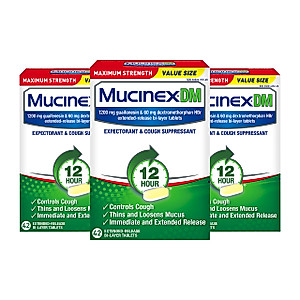Cough Suppressant and Expectorant, Mucinex DM Maximum Strength 12 Hour Tablets, 42ct, 1200 mg Guaifenesin, Relieves Chest Congestion, Quiets Wet and Dry Cough (Pack of 3)