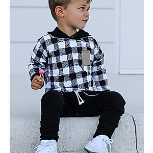 Baby Boy Clothes 3 6 9 12 18 24M 3T Pants Set Hooded Patchwork Hoodie Striped Fall Winter Outfit (Black-Plaid, 6-12 Months)