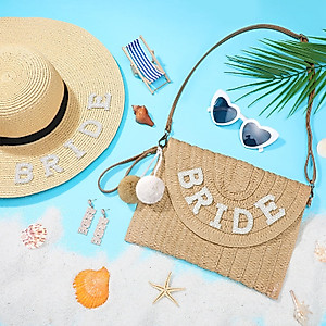 Bunnycool 4 Pcs Bridal Shower Gifts Set Bride Sun Hat Straw Shoulder Bag Heart Sunglasses Rhinestone Bride Earrings Bachelorette Gifts for Bride Wife Wedding Honeymoon Summer Beach Present