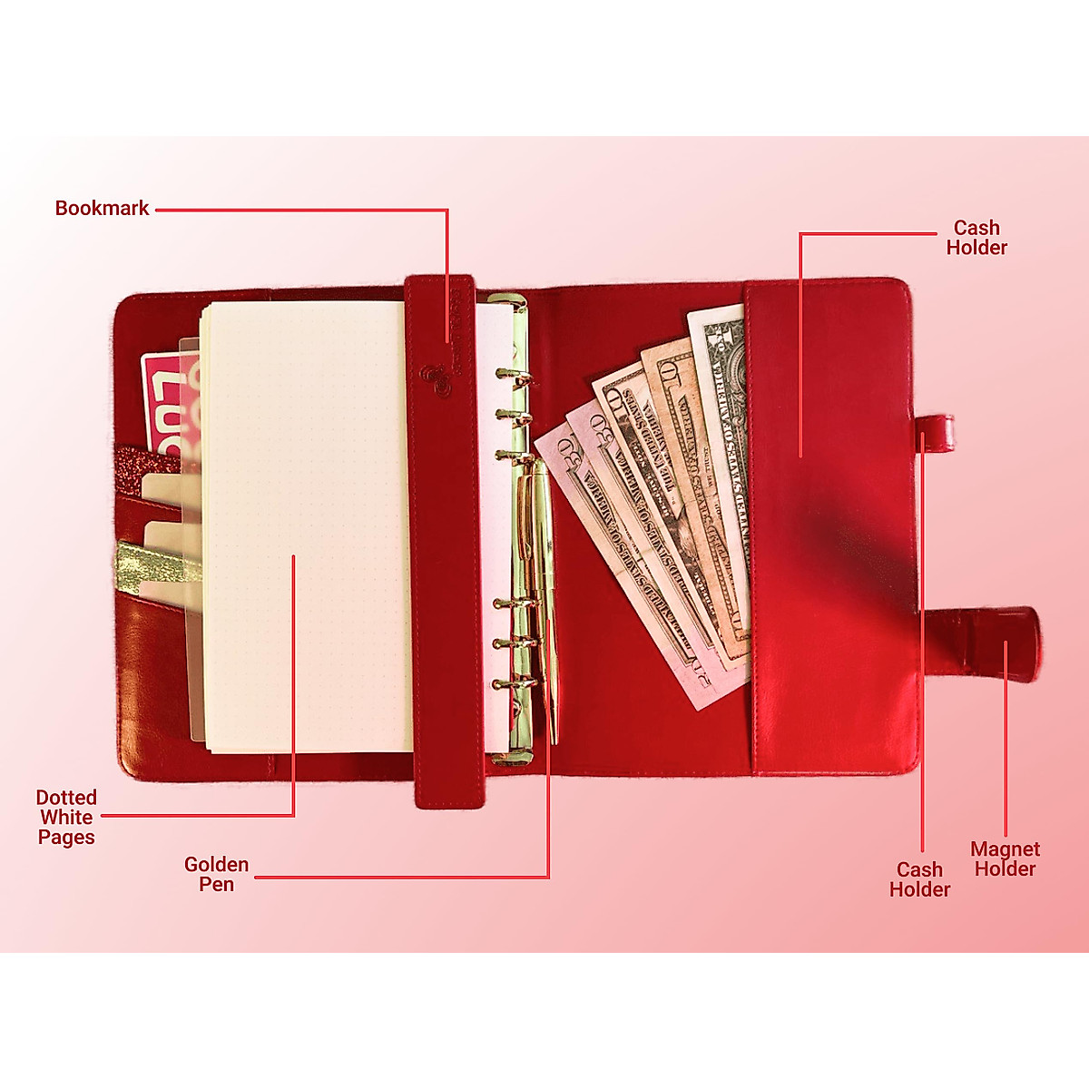 Planner Notebook A5 6 ring binder organizer (red) cover size 9,5’’x 7.25’’ Personal Business organizer planner Journals for writing Leather Journal for Women Notebook for journaling with pen