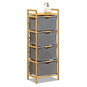 MoNiBloom Bamboo Organizer Clothing Storage Shelf with 4 Part Compartment Sorter Baskets Fabric Removable Clothes Drawers for Bedroom Laundry Living Room, Grey