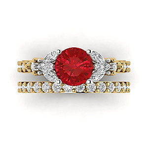 Clara Pucci 2.72ct Round cut 3 stone Genuine Simulated Ruby Engagement Promise Anniversary Bridal Ring Band set 18K 2 tone Gold 3.5