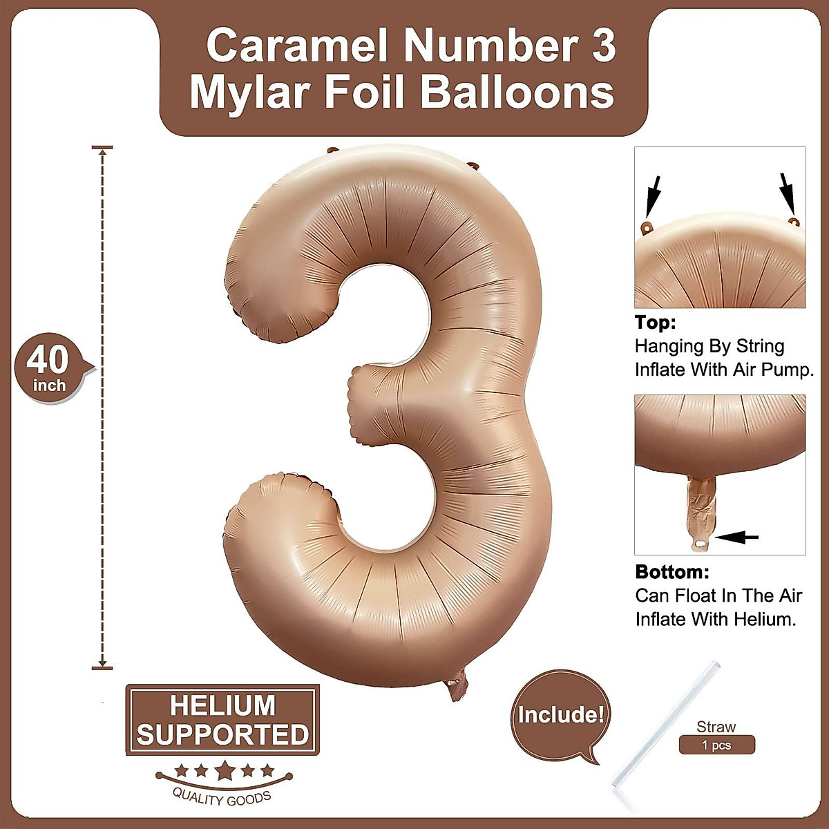40 Inch Caramel Number 3 Balloon Large Size Jumbo Digit Mylar Foil Retro Apricot Beige Helium Balloons for Birthday Party Celebration Decorations Graduation Anniversary Baby Shower Photo Shoot