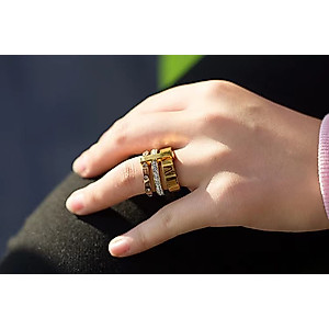 YIKOXI Stainless Steel Zirconia Rings for Women Roman Numeral 3 in 1 Spinner Gold Weeding Ring Band (Inlaid zirconia-gold, 9)