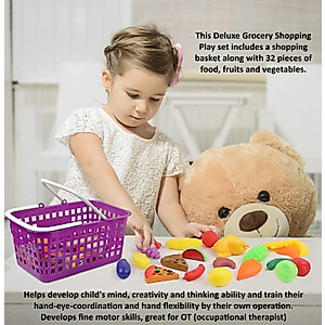 Click N' Play Pretend Food & Grocery Cart for Kids - Basket Toy Set for Kids & Toddlers 3+, 32pcs Plastic Fruits & Vegetables + Shopping Cart for Easy Storage - Play Store, Fake Food Play Set