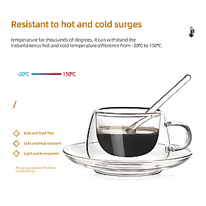 PRTECY Glass Espresso Cups with Saucers and Spoons Set of 2, 5.07/8.45 oz Double Wall Insulated Glass Coffee/Tea Cups Drinking Demitasse Mugs for Cappuccino Latte Tea and More Beverage