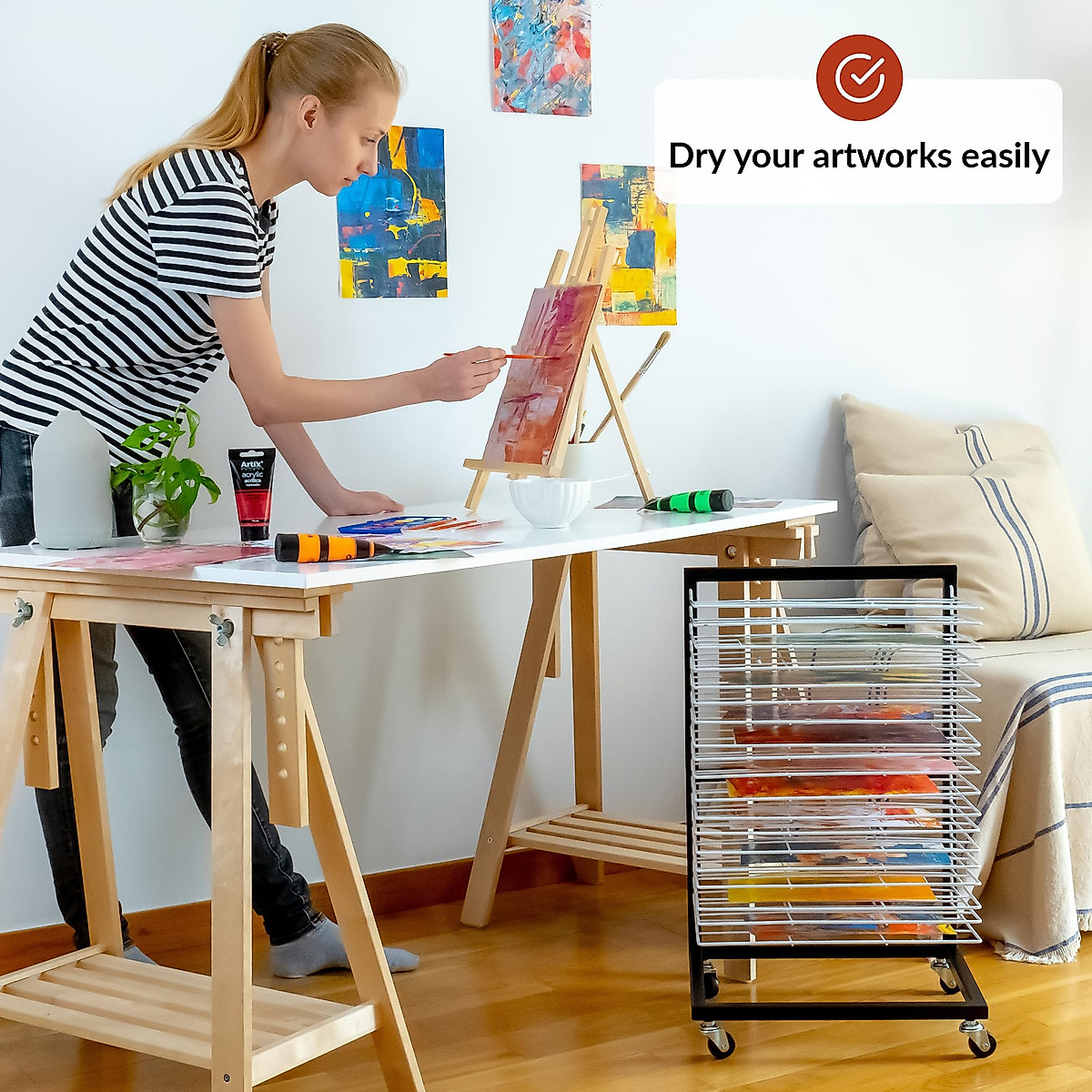 ODOXIA Art Drying Rack for Classroom | Functional & Mobile Paint Drying Rack | 19 Removable Shelves | Canvas Rack Art Storage | Painting Drying Rack with Wheels | Stack Rack for Painting, and More