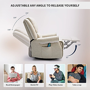 Vicluke Microfiber Technology Cloth Massage Recliner Chair 360°Swivel Heated, Faux Leather Ergonomic Recling Sofa with Rivet Decoration, Recliner Rocking Chair for Living Room, Office(Off-White)