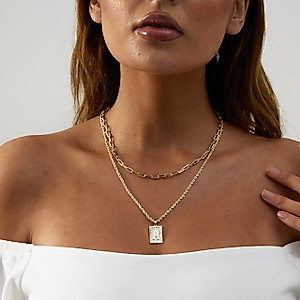 Tasiso 14K Gold Layered Initial Pendant Necklace Layering Paperclip Chain Choker Necklace for Women Dainty Square A-Z Alphabet Letter Necklace Jewelry Gifts M