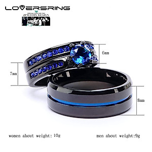 LOVERSRING Couple Ring Bridal Set His Hers Women Black Gold Filled Blue Agate Men Stainless Steel Wedding Ring Band