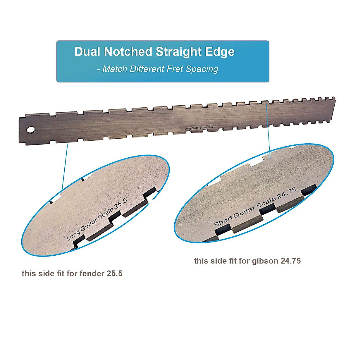Notched Guitar Neck Straight Edge, Dual-scale Guitar Repair Tool for Scale Length 24.75in and 25.5in, Aluminium Guitar Fretboard Leveling Kit,Guitar Maintenance Tool for Luthiers, Bronze