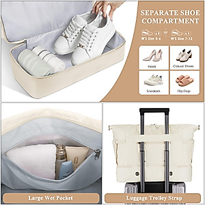 Gym Bag for Women, Sports Travel Duffel Bag with USB Charging Port, Weekender Overnight Bag with Wet Pocket and Shoes Compartment for Women Girls Travel, Gym, Yoga, School (Off White)