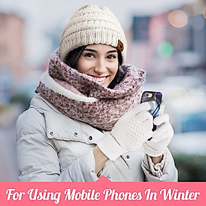 Jeere 4 Pieces Winter Glove and Hat Set Winter Hat Touchscreen Gloves Warm Knitted Beanie Hats and Gloves for Women (Pink, White)