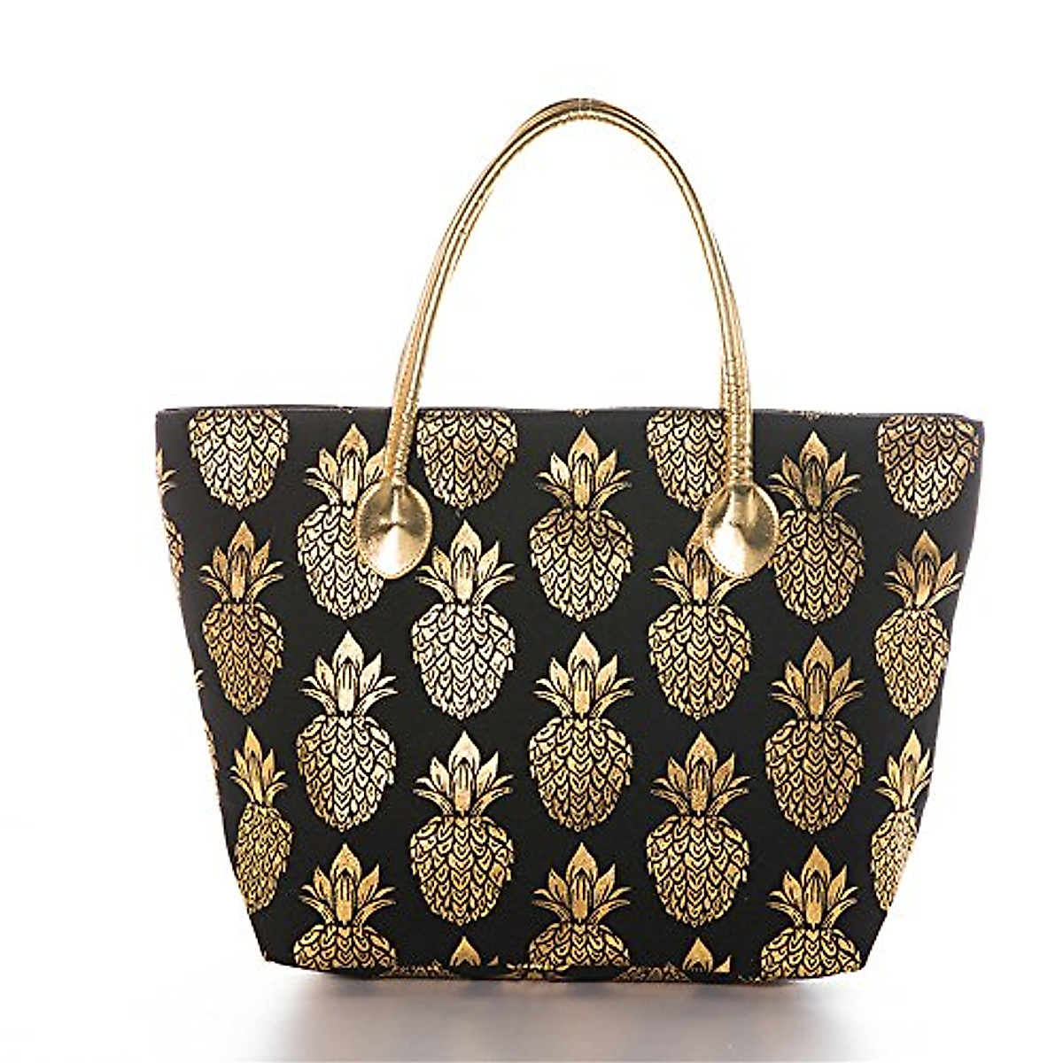 Chandy Metal Gold Pineapple Printed Canvas Beach Tote Bag With Leather Handle (Black), Large