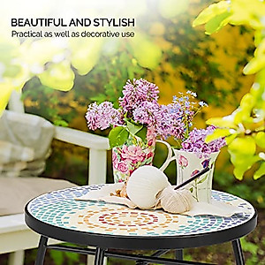 VINGLI Mosaic Accent Table, 14" Round Side Table,End Table, Plant Stand Decor for Patio Porch Beach Theme Balcony Back Deck Pool Indoor Outdoor Coffee, Metal Cobalt Glass Top Black Iron(Blue Hawaii)