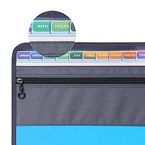 MEGREZ Expanding File Folder with 13 Pockets, A4 Paper File Folder with Zipper Color Labels, Waterproof Accordion File Folder Organizer for Home Office, Blue