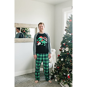 IFFEI Family Matching Pajamas Set Christmas Dinosaur and Green Plaid Print Long-sleeve Sleepwear Pet