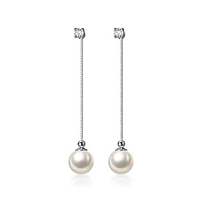 Reffeer Solid 925 Sterling Silver Pearl Earrings Drop for Women Teens Girls Pearl Dangle Earrings CZ Studs Wedding Bridal Dangle Earrings