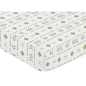 Sweet Jojo Designs White Sage Boho Tribal Mudcloth Boy Girl Fitted Crib Sheet Baby or Toddler Bed Nursery - Green Woodland Bohemian Southwest Geometric Arrow Gender Neutral Aztec Mud Cloth