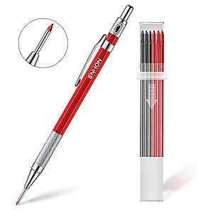 Enhon 2mm Mechanical Carpenter Pencil Set with 12 Marker Refills and Sharpener, Woodworking Marking Tool Solid Deep Hole Construction Pencil, Extended Needle-Nose Tip for Use in Jobs (Black, Red)