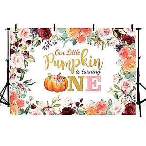 MEHOFOTO Fall Pumpkin Girl Birthday Party Photo Background Banner Autumn Floral Our Little Pumpkin Princess Happy 1st Birthday Pink Gold Backdrops Props for Cake Table Supplies 5x3ft