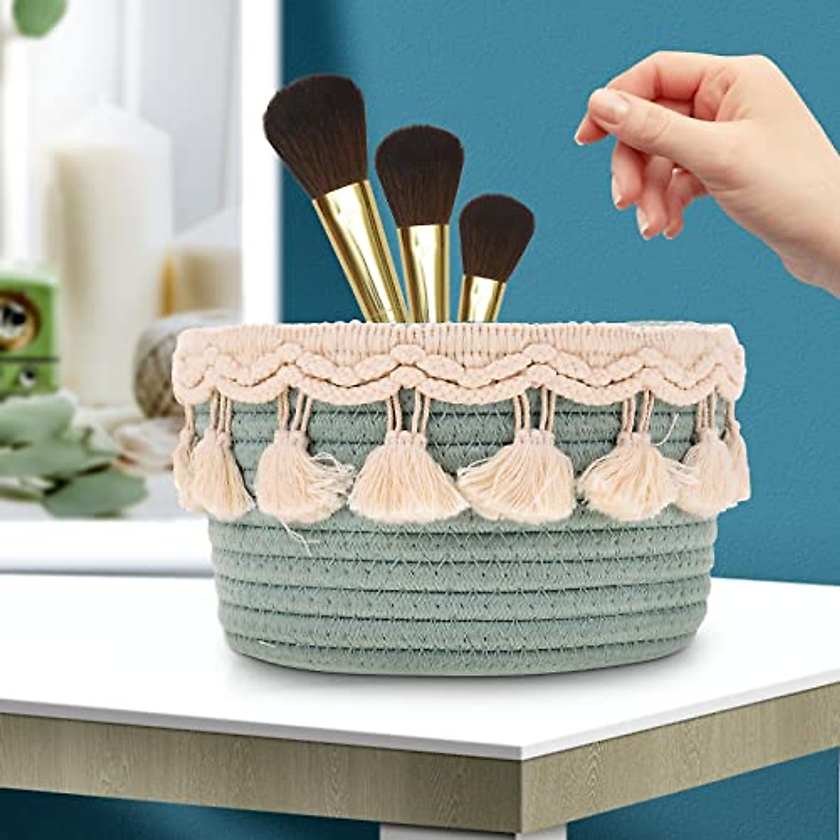 Woven Basket Small Woven Storage Basket Decorative Cotton Rope Basket with Tassel Woven Nursery Hamper Storage Bin for Blankets Towels Toilet Paper Green Bathroom Basket