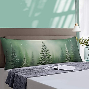Green Pine Trees with Snowflakes Body Pillow Cover Pillowcase 20 x 54 Zippered Pillow Cover Coniferous Trees Forest Winter Snow Landscape Green Long Body Pillow Case Cover Polyester Decorative