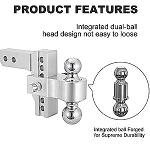 SUNJOXOM Adjustable Trailer Hitch, Ball Mount, Fits 2-Inch Receiver, 6-Inch Drop Hitch, 12,500 LBS GTW, 2" and 2-5/16" Stainless Steel Tow Balls, Aluminum Tow Hitch with Double Anti-Theft Pins Locks