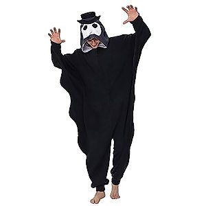 Dodheah Plague Doctor Onesie Costume Black Steampunk Jumpsuit Cartoon Pajamas Cosplay One-piece Halloween Dress Up Outift for Adult Grey M