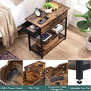 Yoobure End Table with Charging Station, Narrow Sofa Side Table with USB Ports & Outlets, Flip Top Nightstand with Drawer & 2 Storage Shelves End Table for Living Room/Bedroom/Bedside/Couch/Office